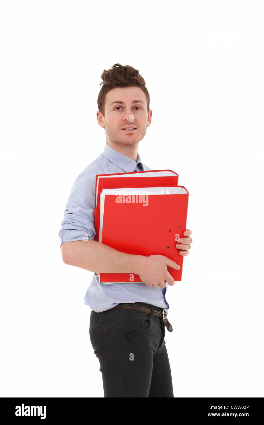 Young man with folders isolated on white background Stock Photo - Alamy