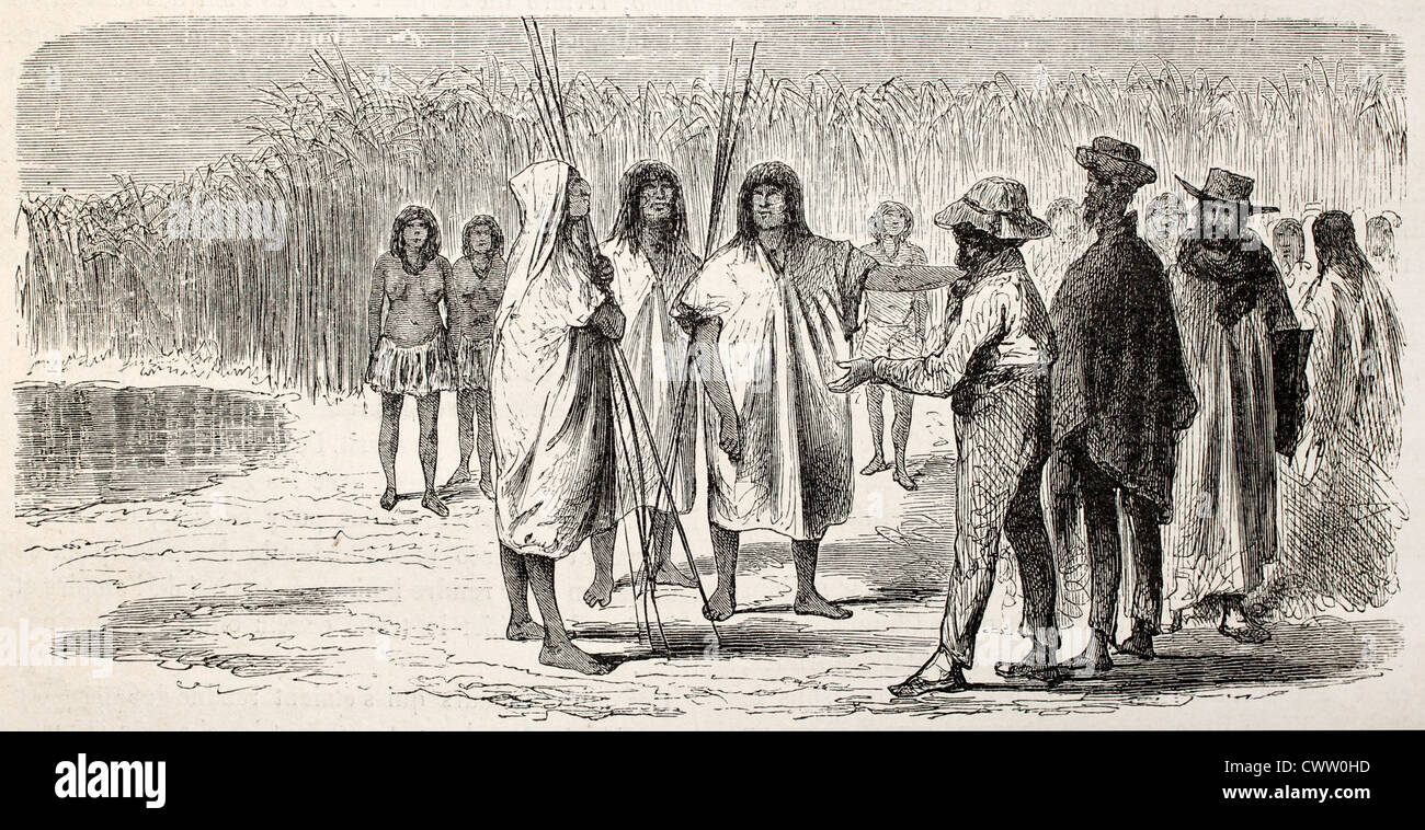 Presentation between natives peruvian and westerners Stock Photo - Alamy