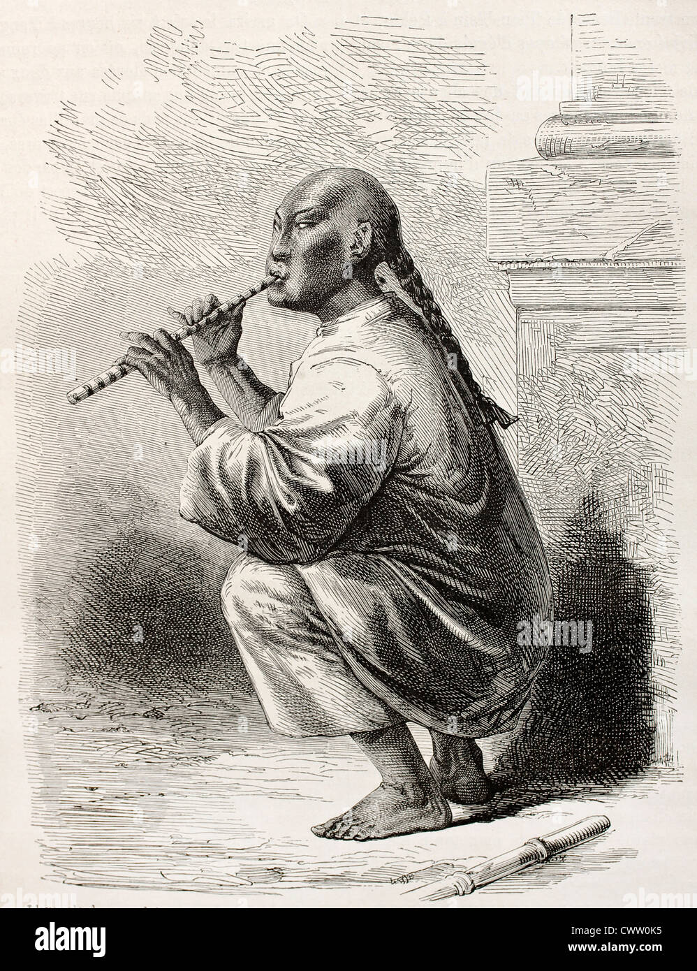 Old illustration of Chinese pipe player Stock Photo - Alamy