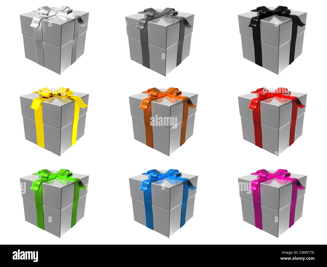 9 silver gift boxes with different ribbon colors Stock Photo - Alamy