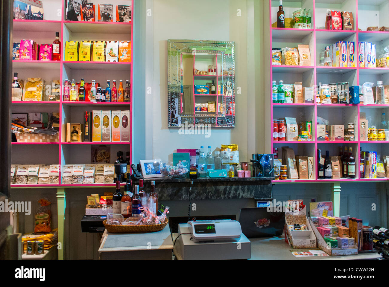 Perpignan, France, View Inside Italian Grocery Store interiors, Shelves ...