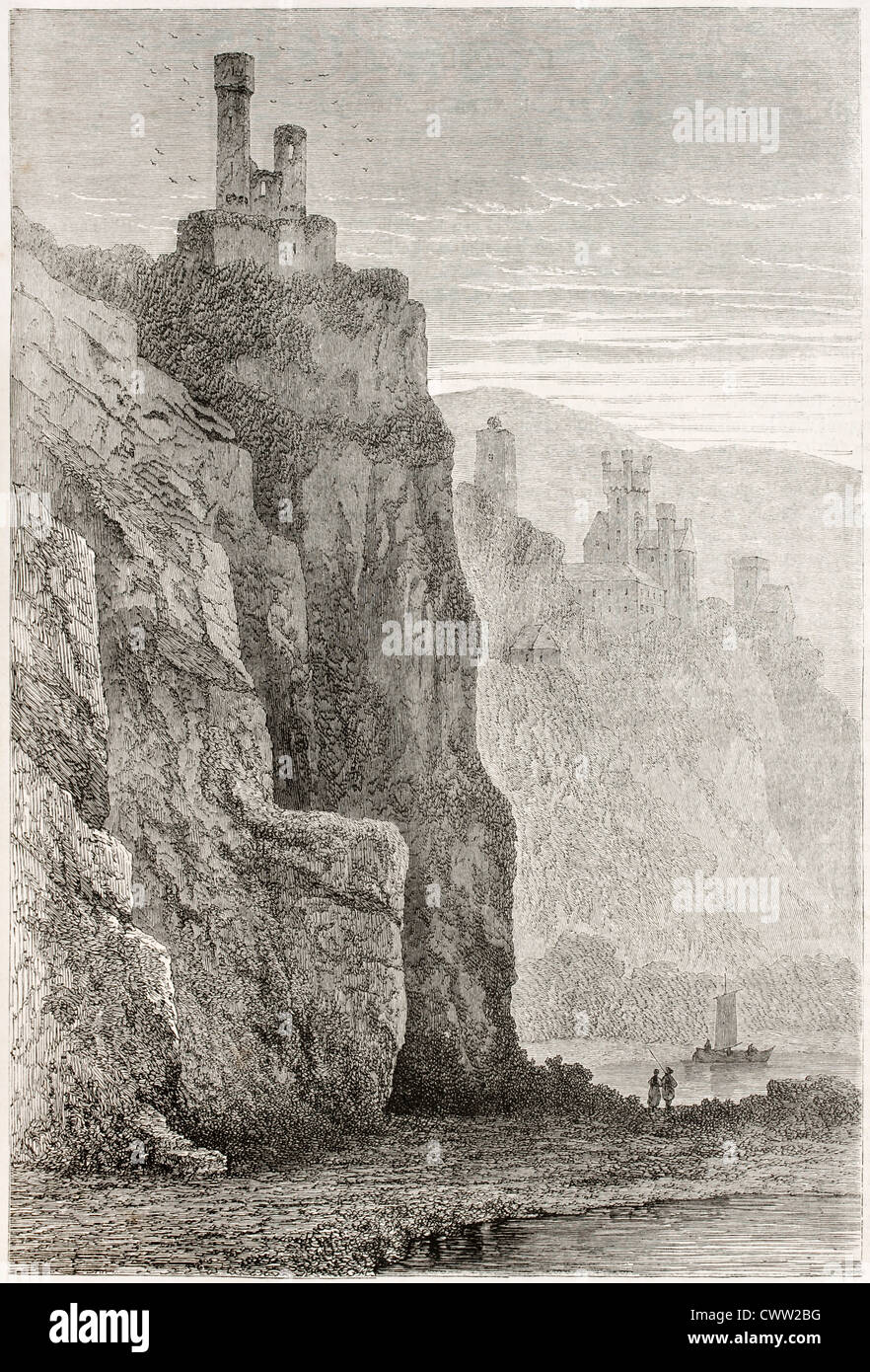 Neckarsteinach castles old view, Germany Stock Photo - Alamy