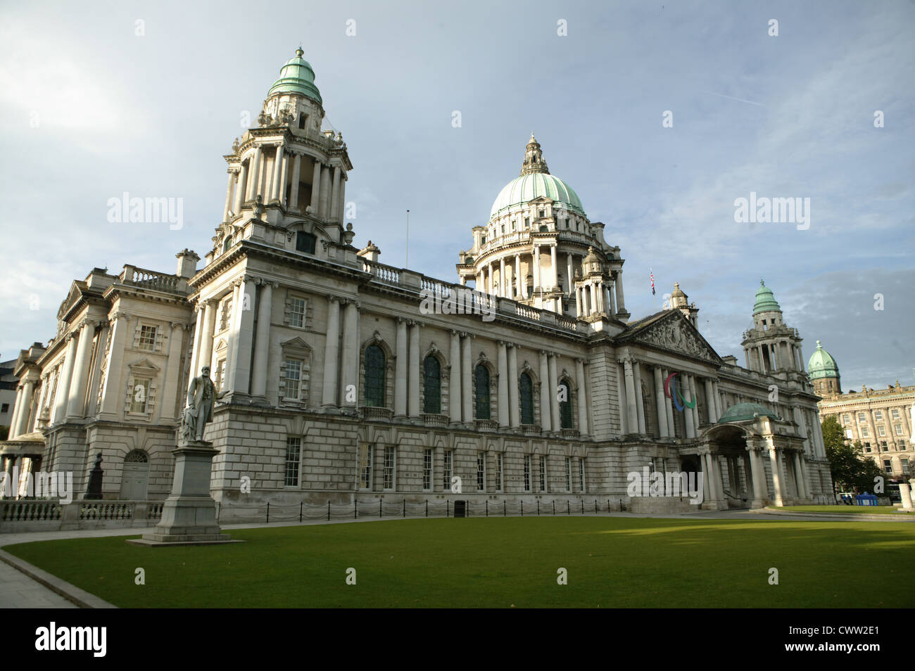Belfast City Hall with paraolympic Sign above centre main entrance ...