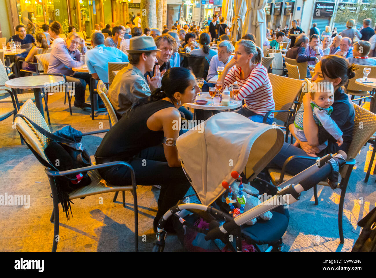 Perpignan, France, Crowd People, Sharing drinks in French Bistro, Cafe ...