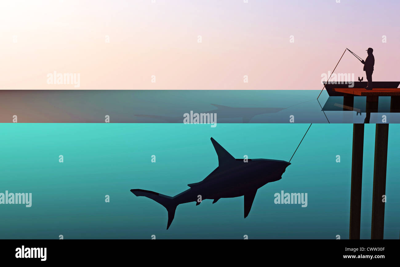 fisherman hunting a big shark in old grunge photo Stock Photo - Alamy