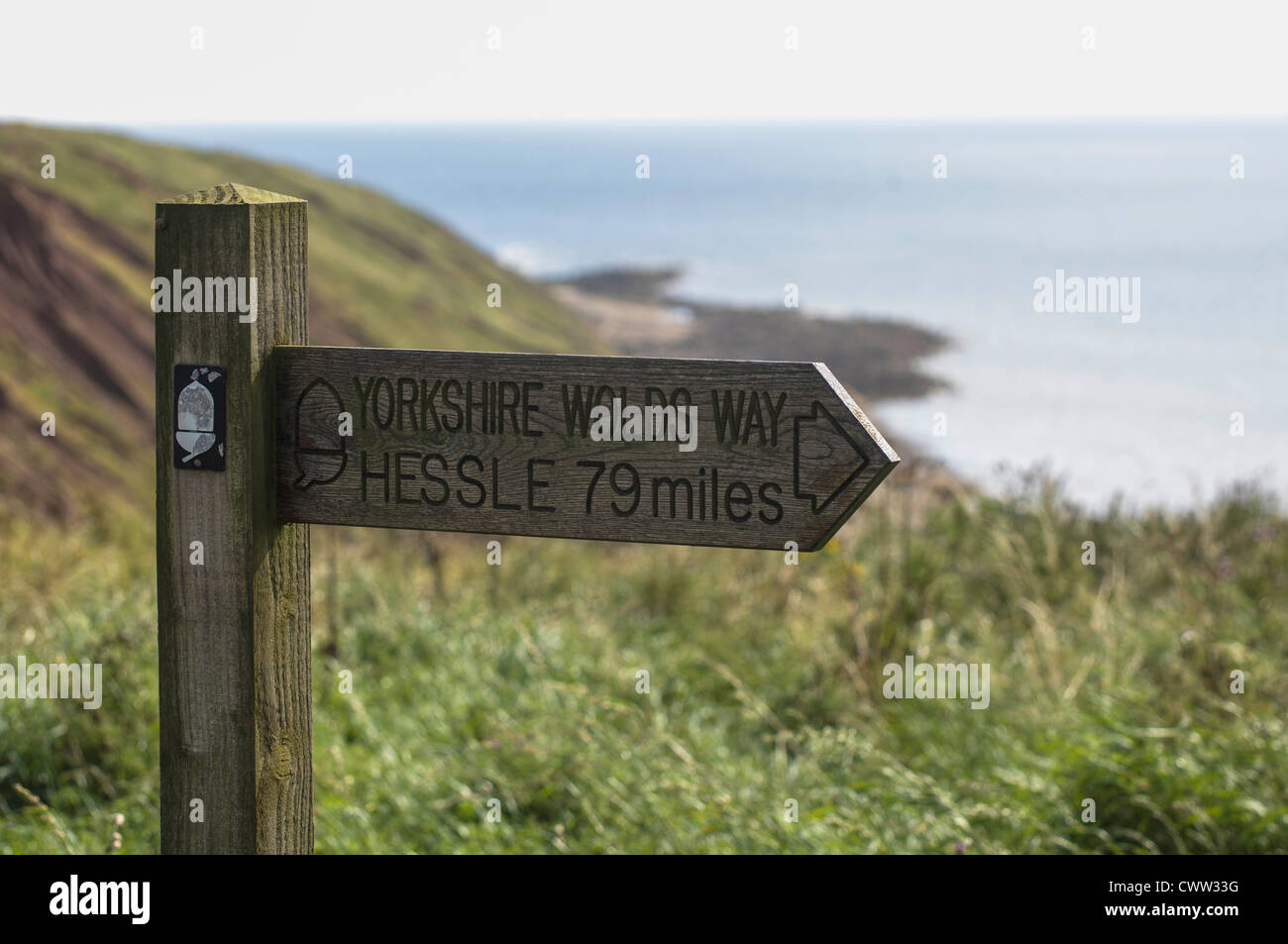 Yorkshire Wolds Way signpost above Filey Brigg Stock Photo - Alamy