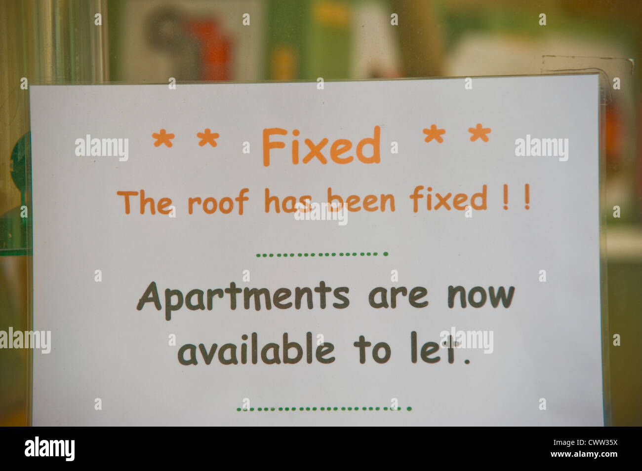 Apartments to let sign in shop window, Bromyard Herefordshire England ...