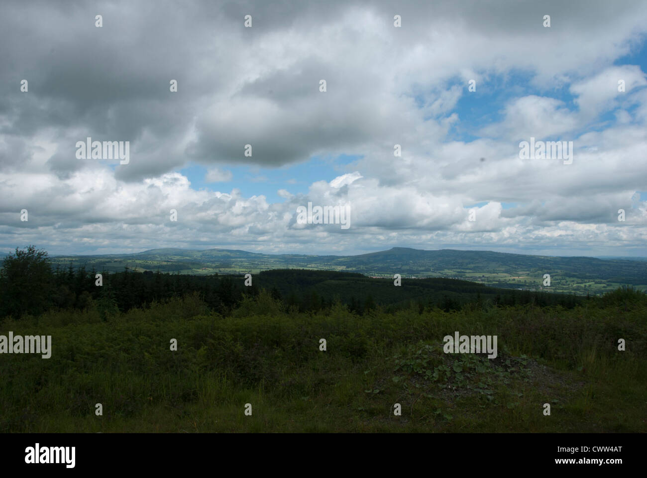 Landscape showing the view over a forest towards hills, with cloudy sky ...