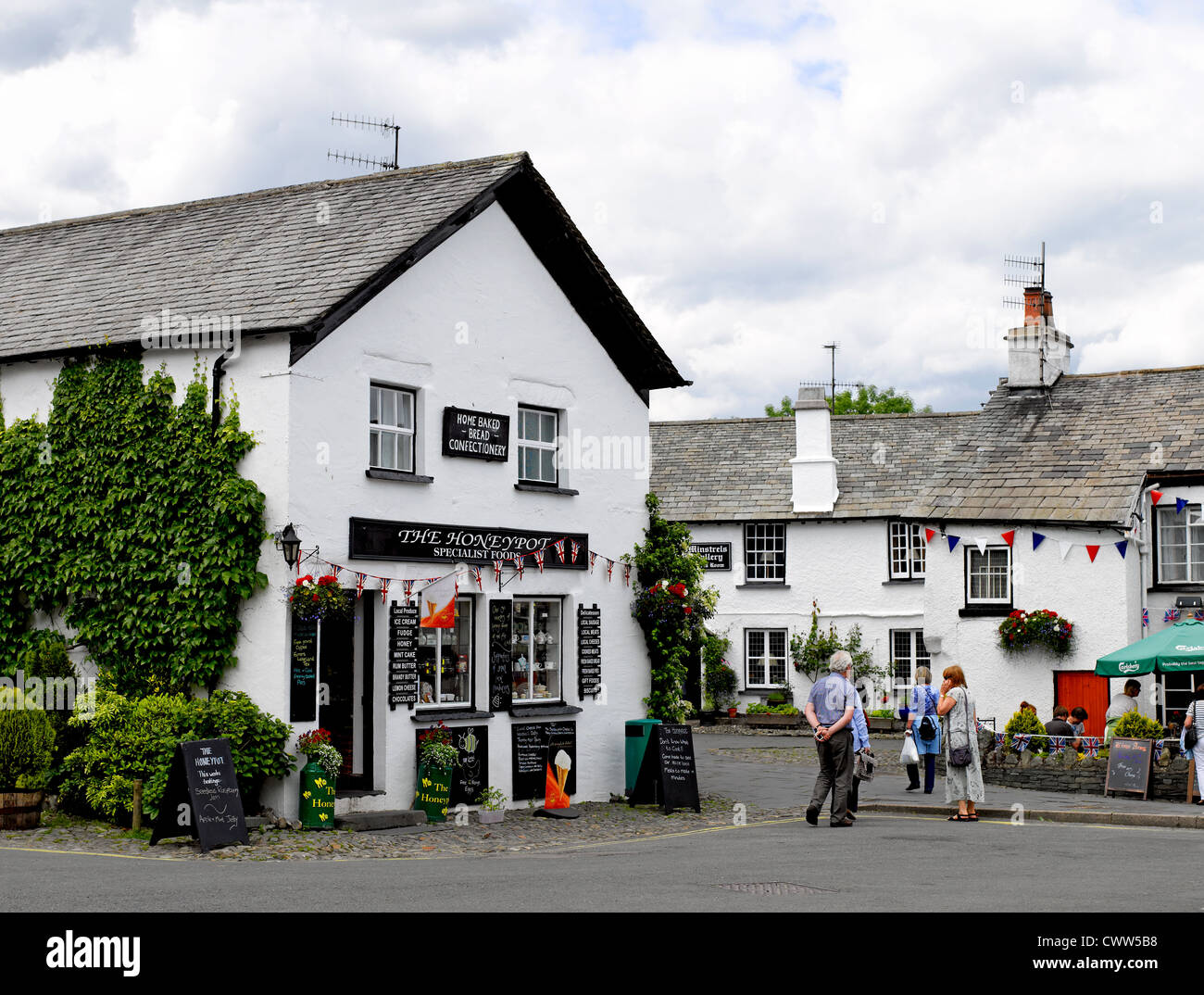People tourists visitors outside local shops stores businesses in the ...