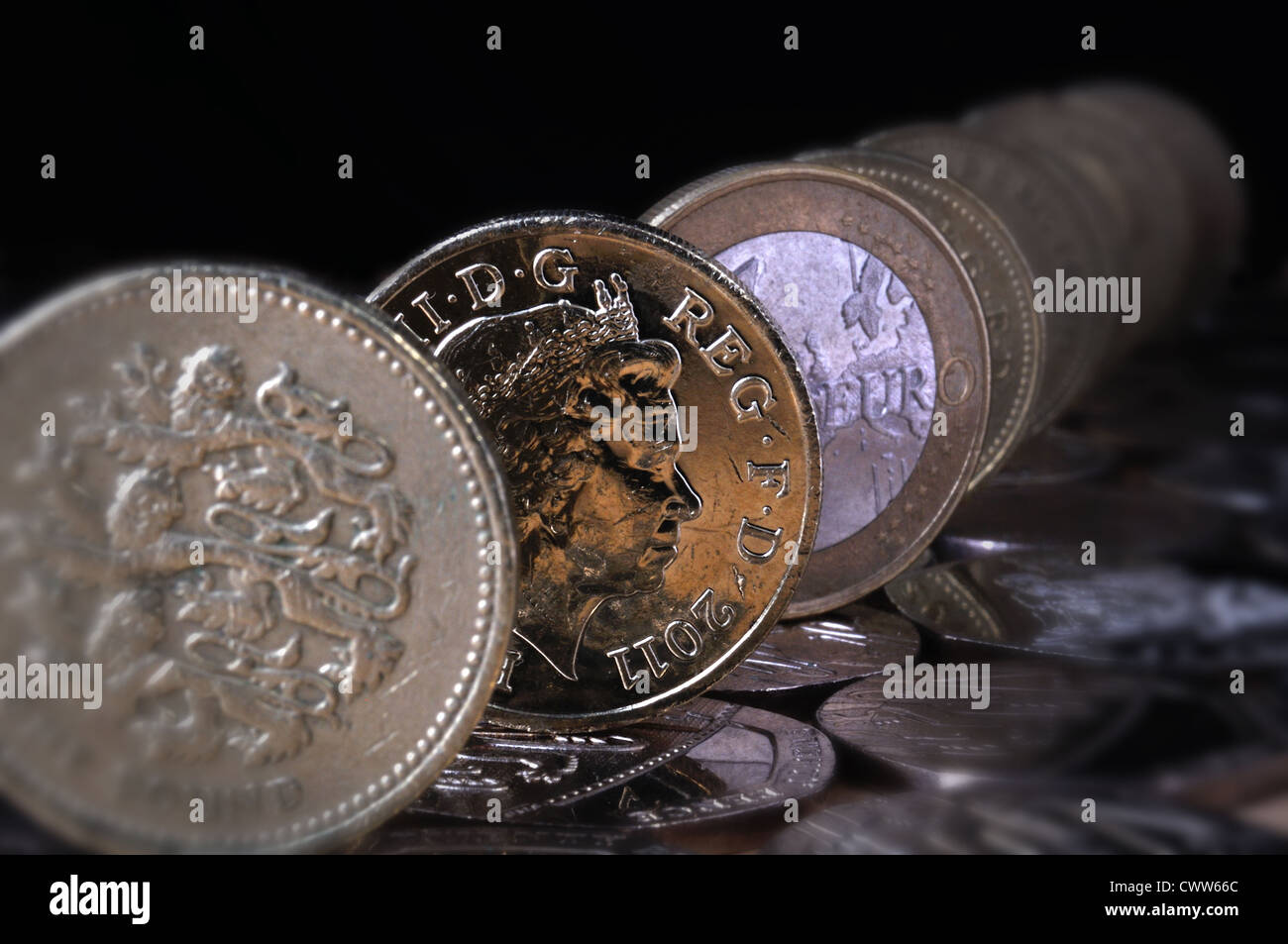 One pound coin sterling and one euro coin behind Stock Photo - Alamy