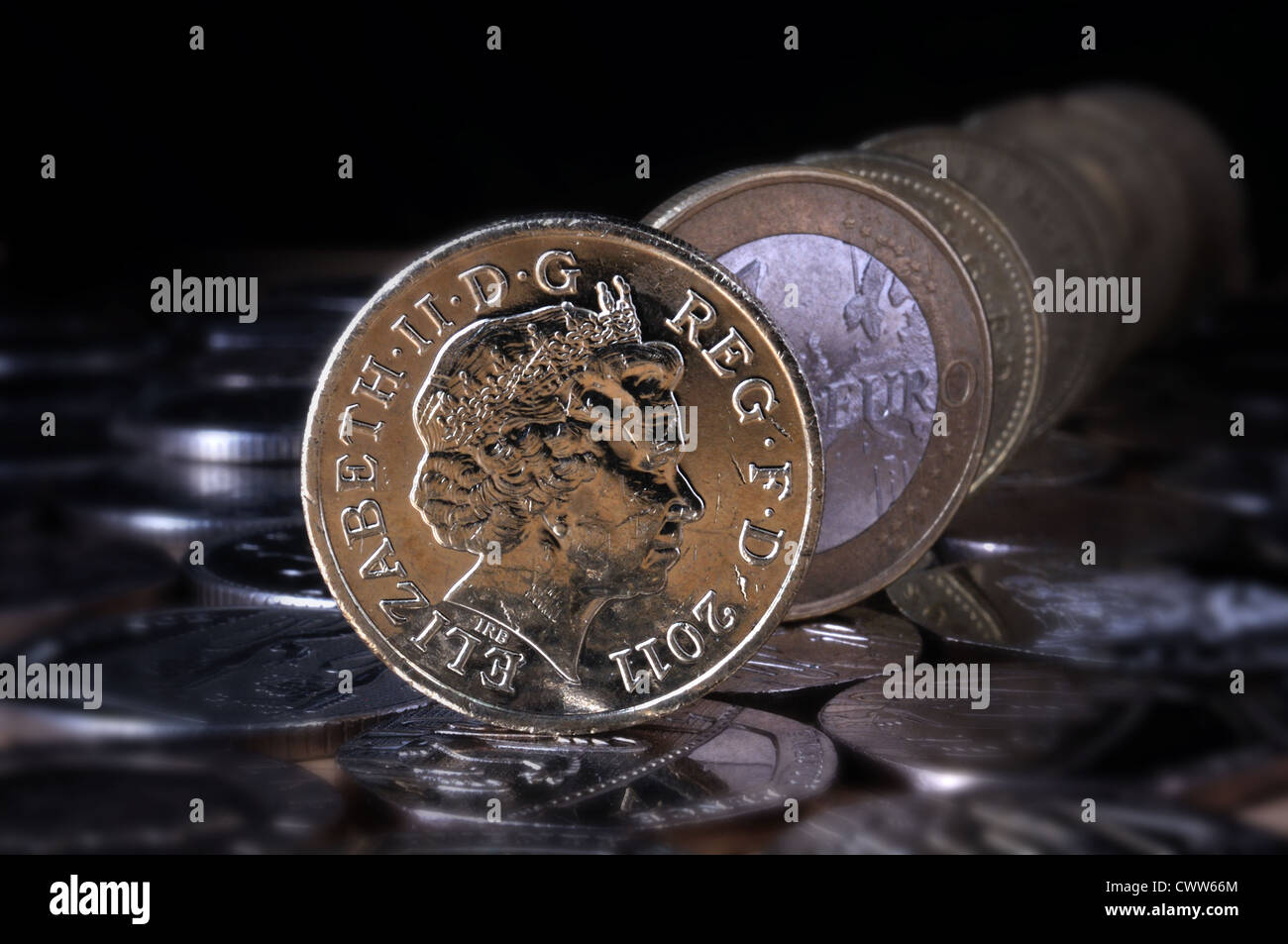 One pound coin sterling and one euro coin behind Stock Photo - Alamy