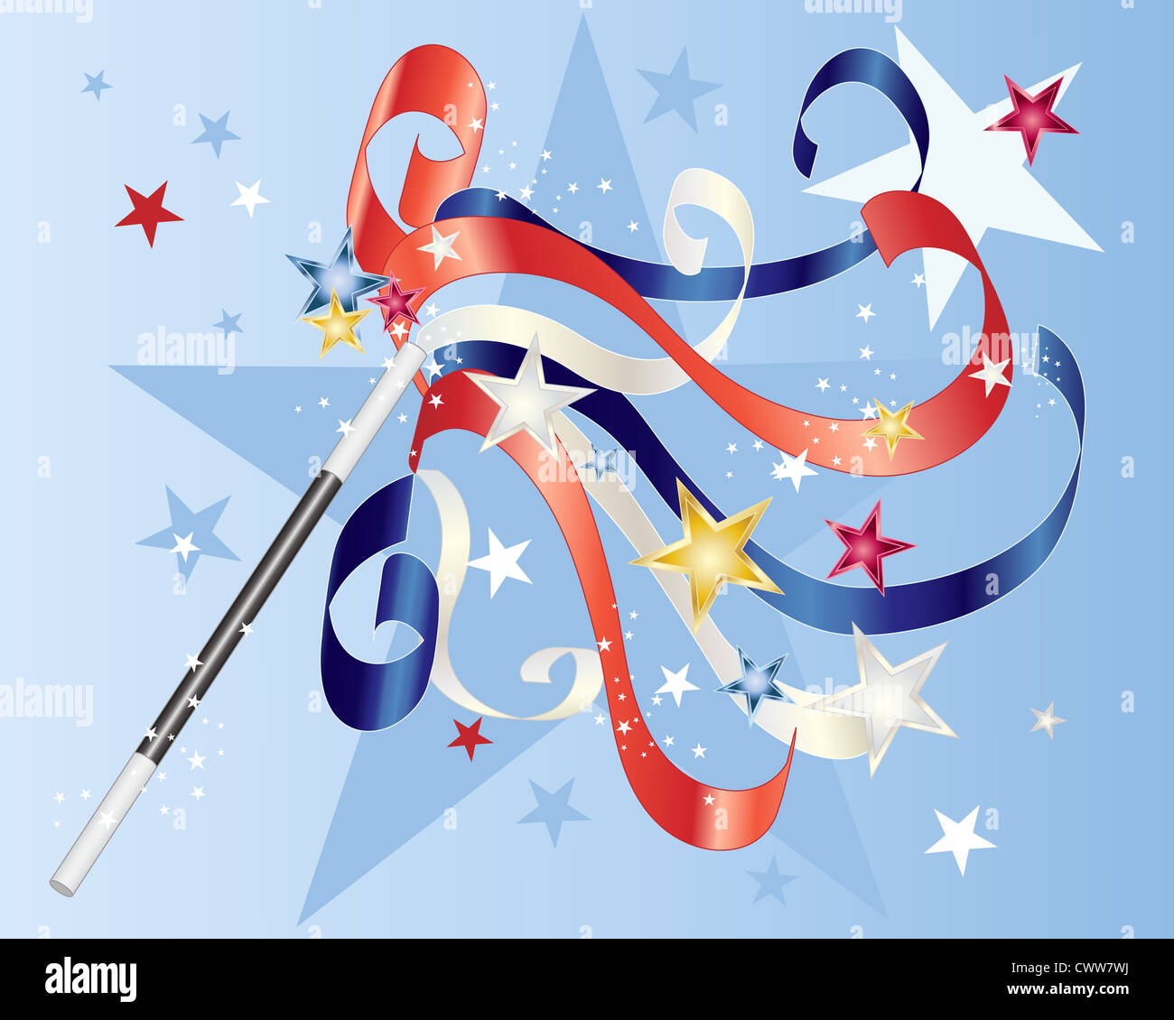 an illustration of a magic wand with red white and blue ribbons and ...