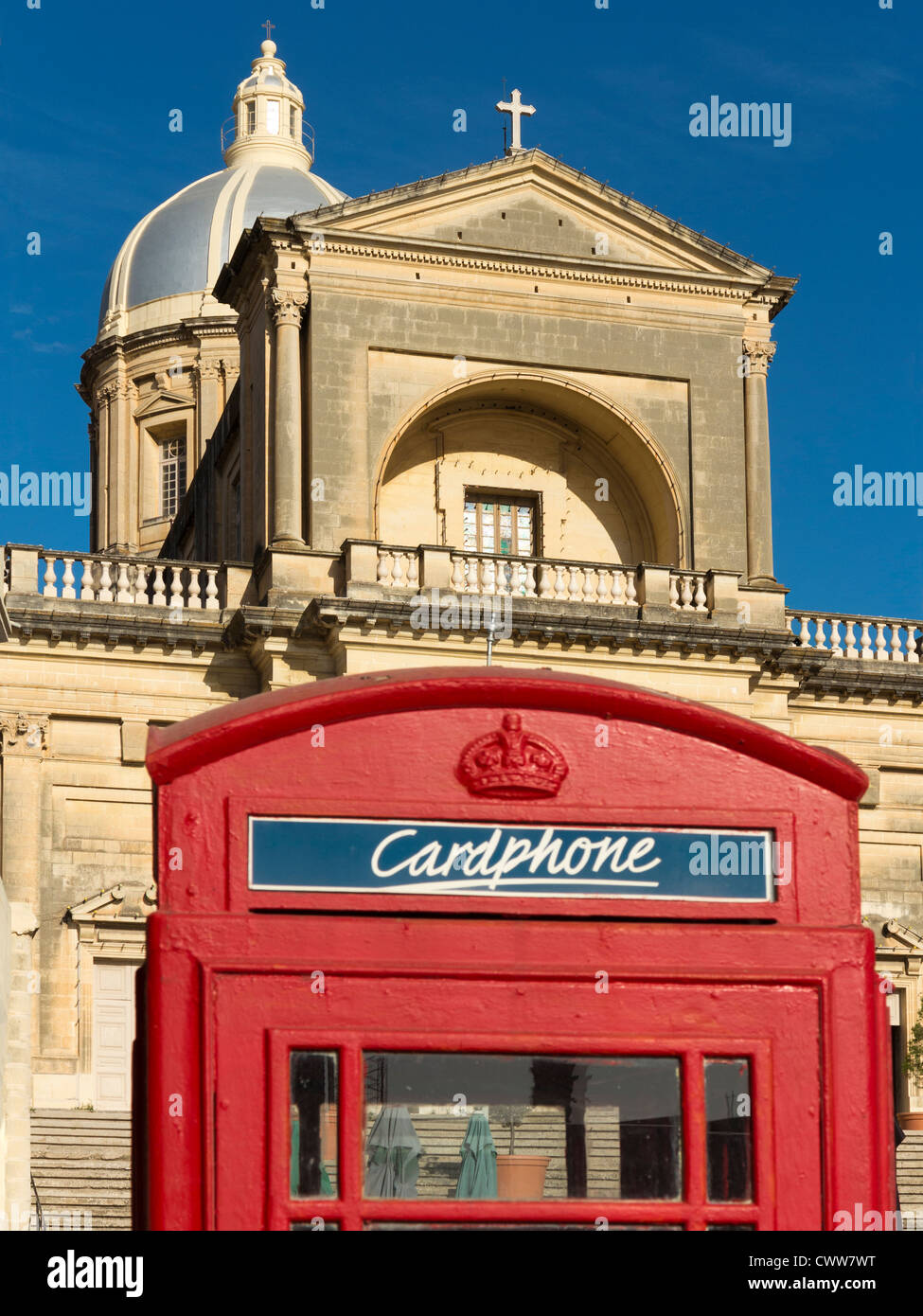 Phone box in front of the Parish church of St Joseph, Kalkara, Island ...