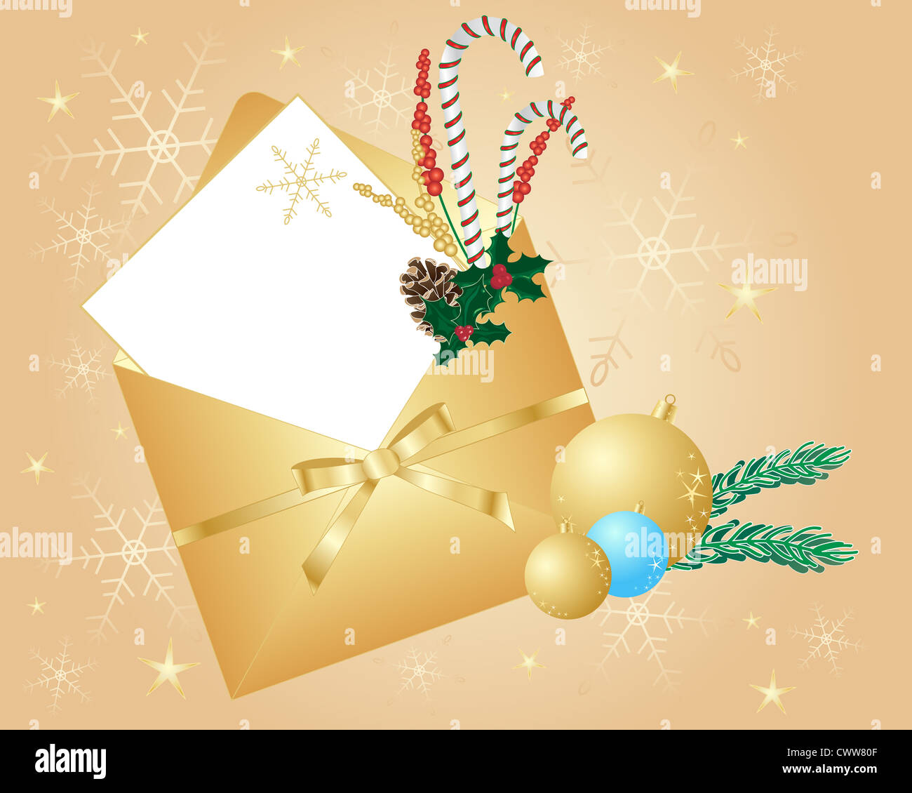 an illustration of a beautiful golden christmas envelope decorated with ...