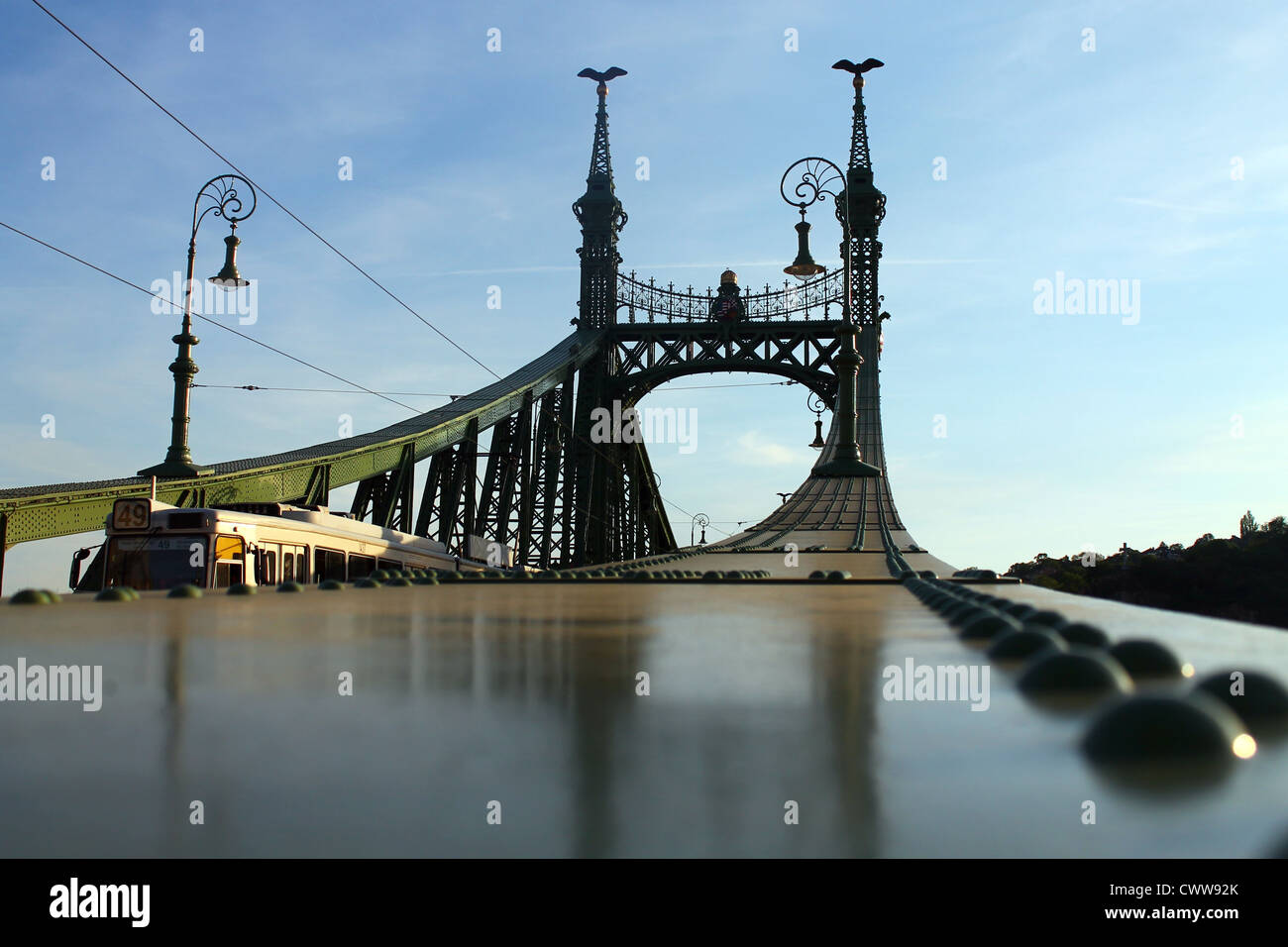 The iron Liberty Bridge of Budapest with a tram on the left Stock Photo ...