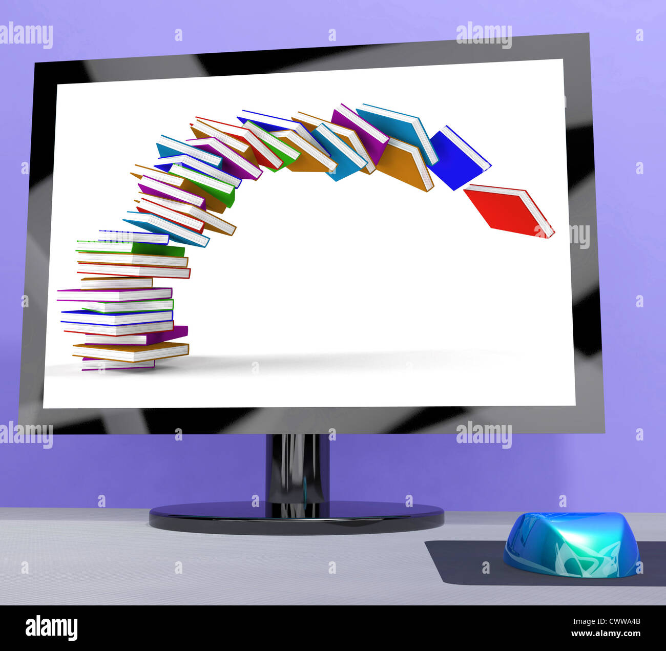 Stack Of Books Falling On Computer Showing Online Learning Stock Photo ...