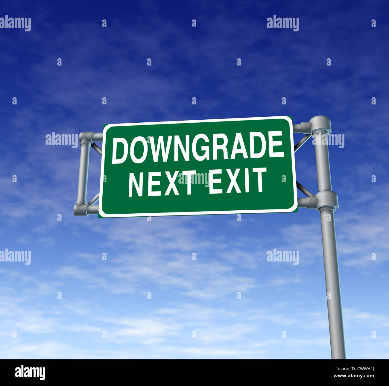Company downgrade symbol on a green highway sign representing the ...