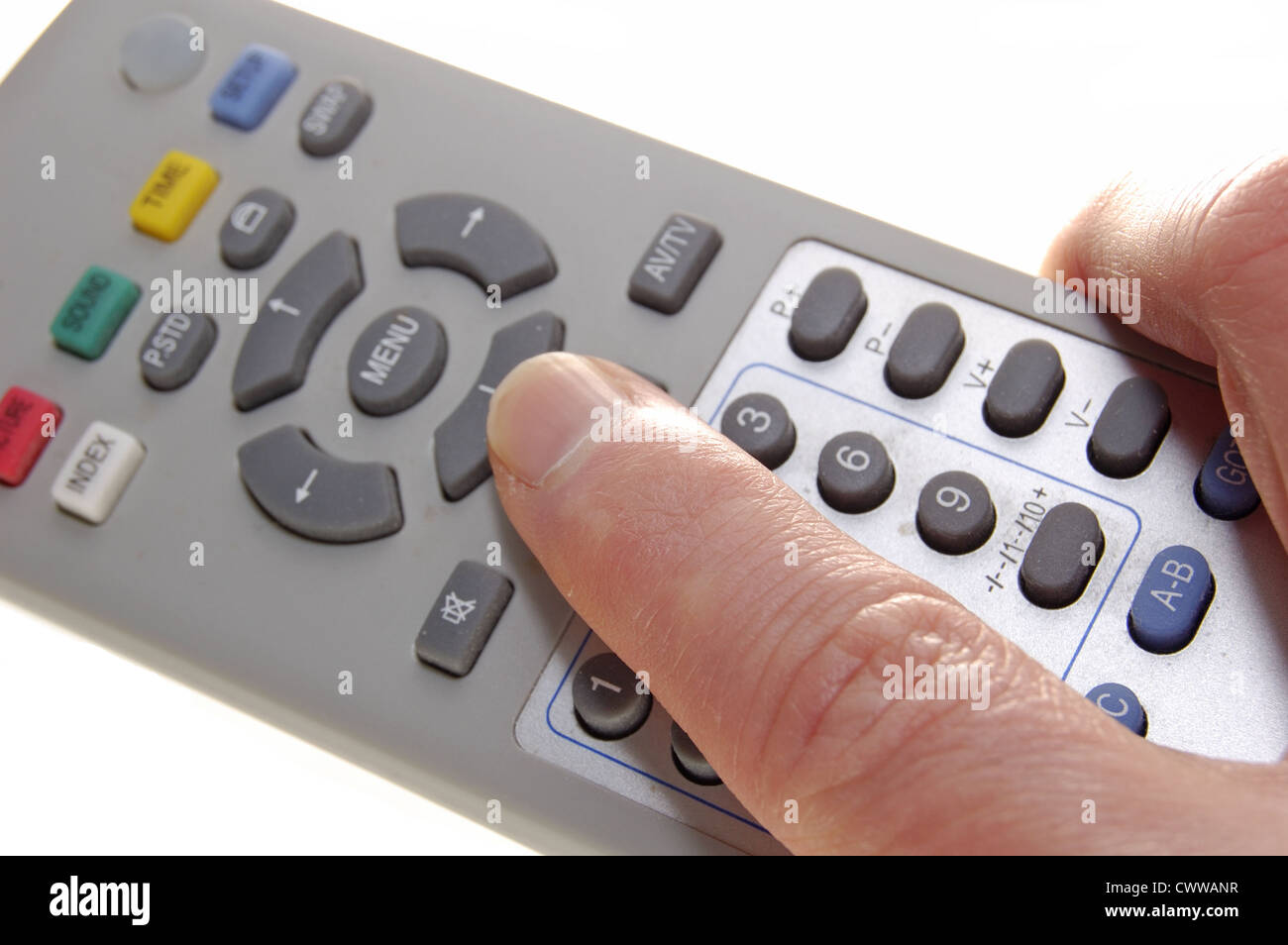 Finger pressing button on television remote control handset Stock Photo ...