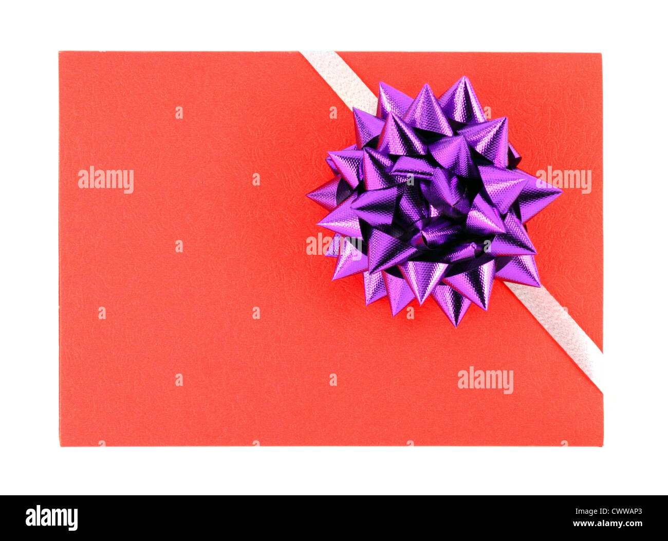 gift card with violet ribbin bow on white background Stock Photo - Alamy