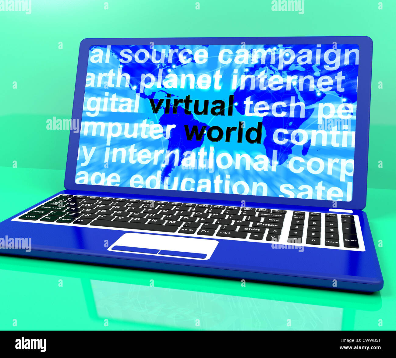 Virtual World Words On Laptop Shows Global Internet Stock Photo - Alamy