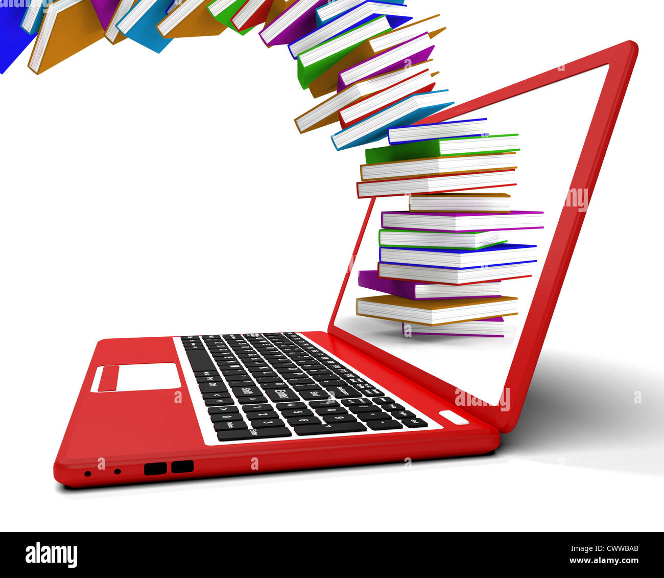 Stack Of Books Flying From Computer Showing Online Learning Stock Photo ...