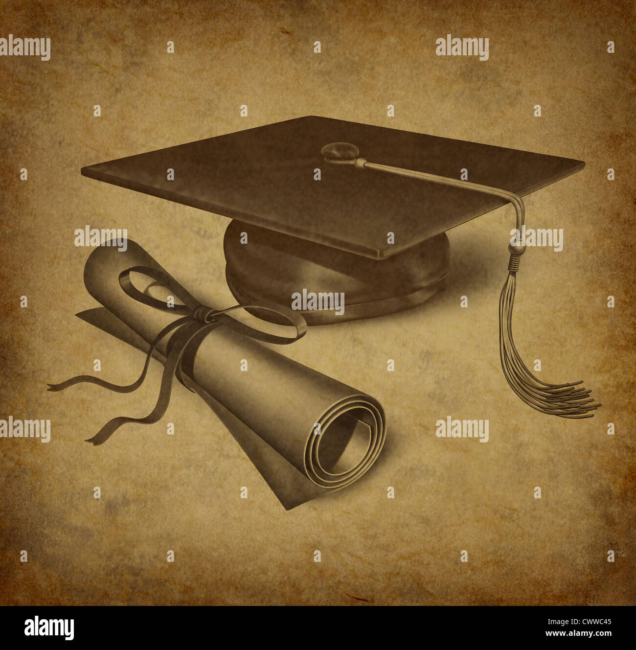 Graduation hat and diploma with vintage grunge texture representing the ...