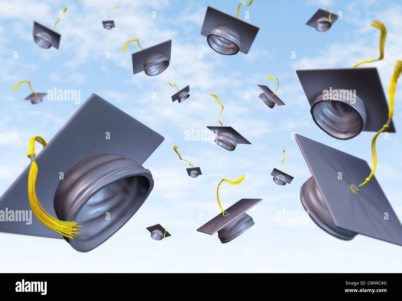 Graduation caps thrown in the air as a celebration with a traditional ...