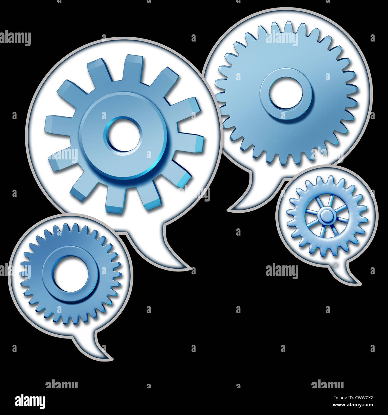 Networking and referrals represented by word bubbles with cogs and ...