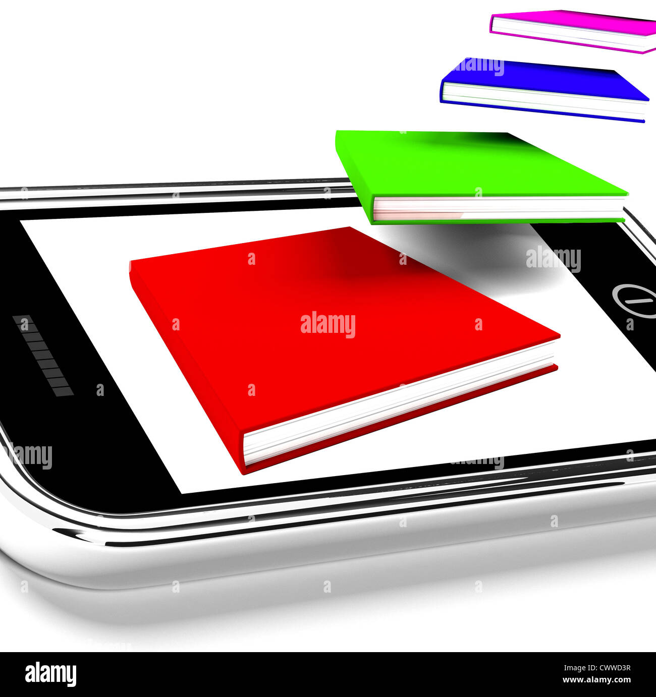 Mobile Phone With Flying Books Showing Online Knowledge Stock Photo - Alamy