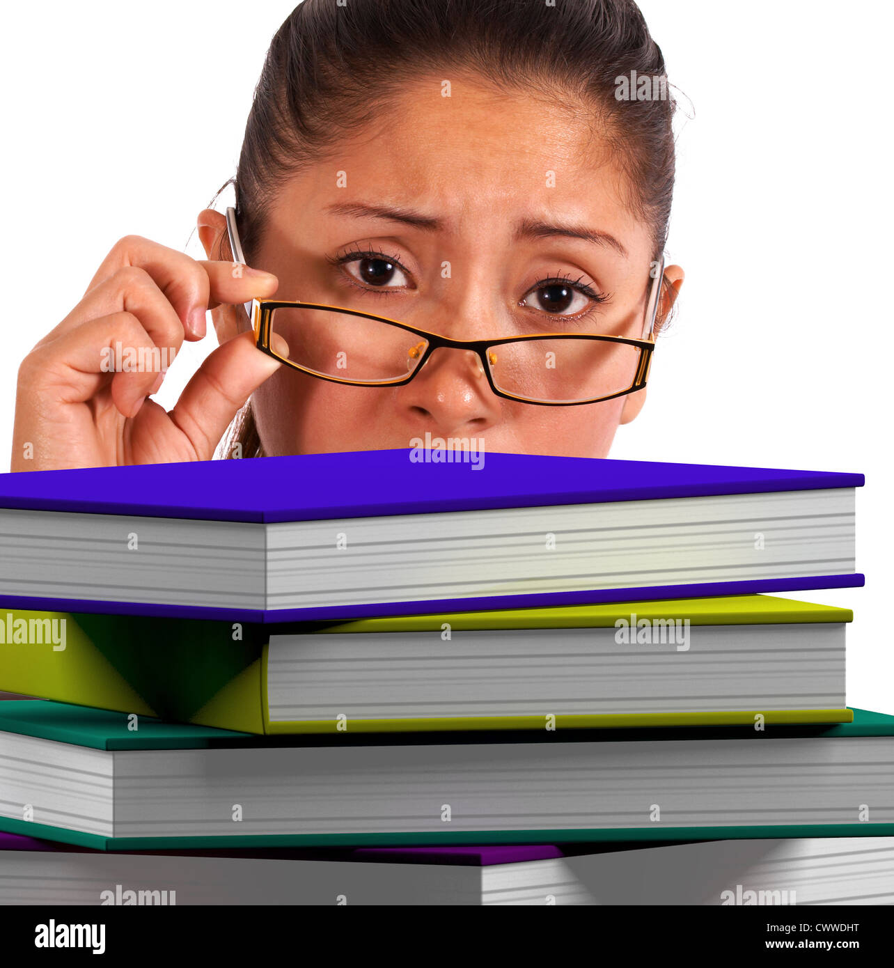 Lady Looking At Books Showing Education Stock Photo - Alamy