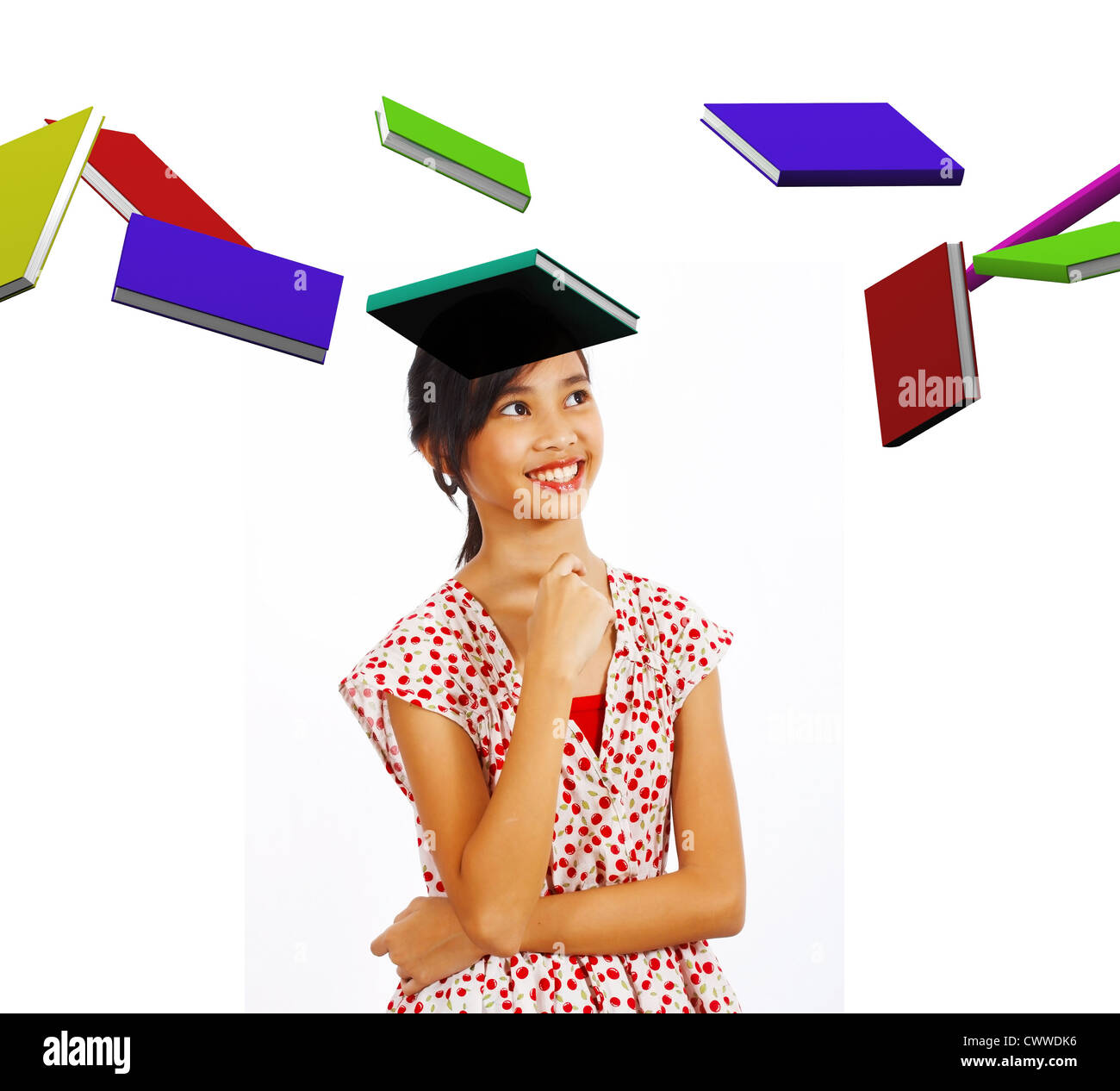 Young Student Smiles At Books Flying Stock Photo - Alamy