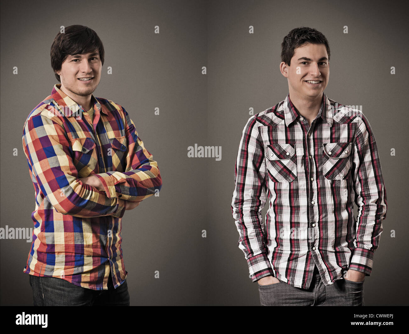 Two smiling men posing for portrait Stock Photo - Alamy