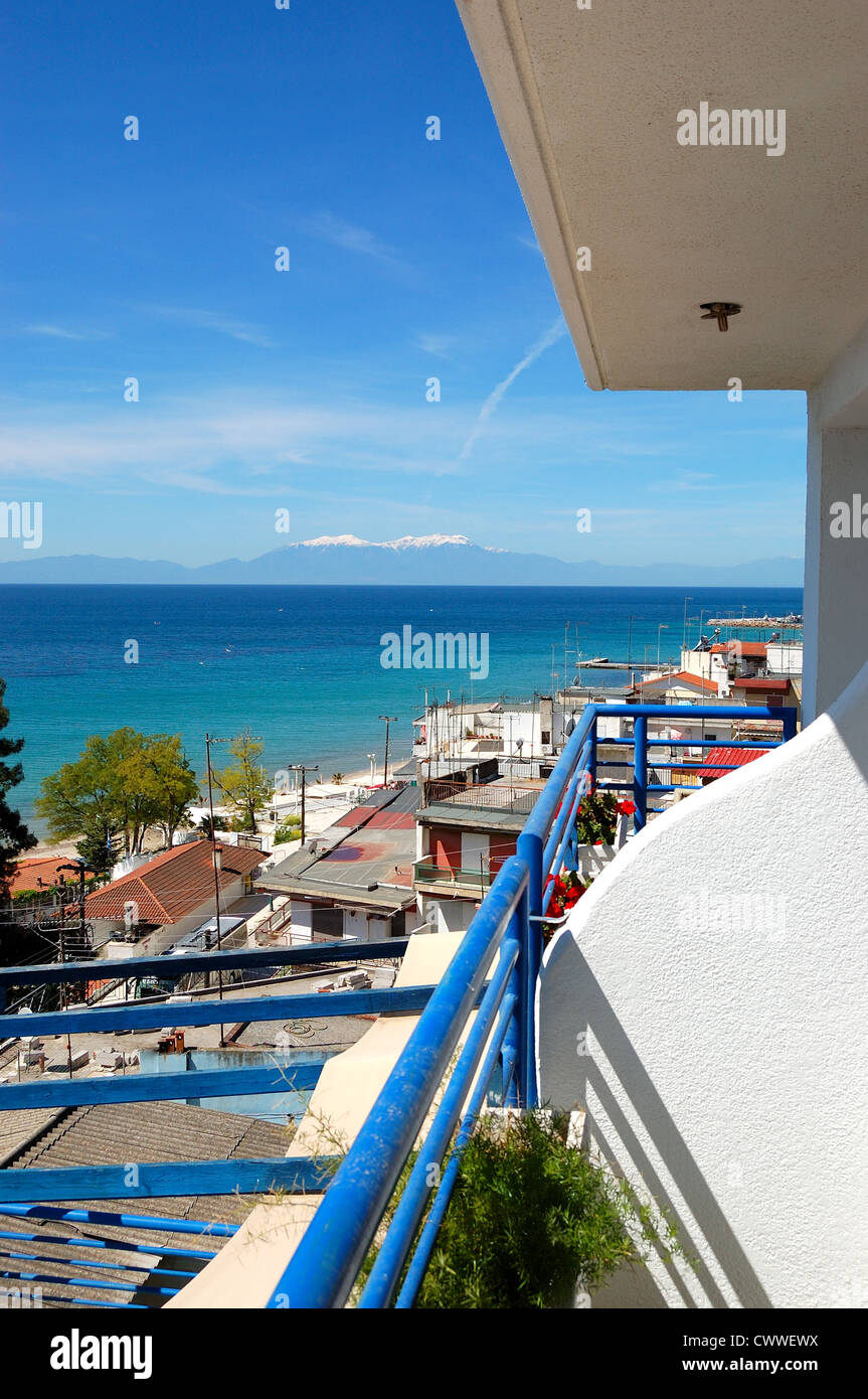 The view from balcony on a beach and mountain Olympus on background ...