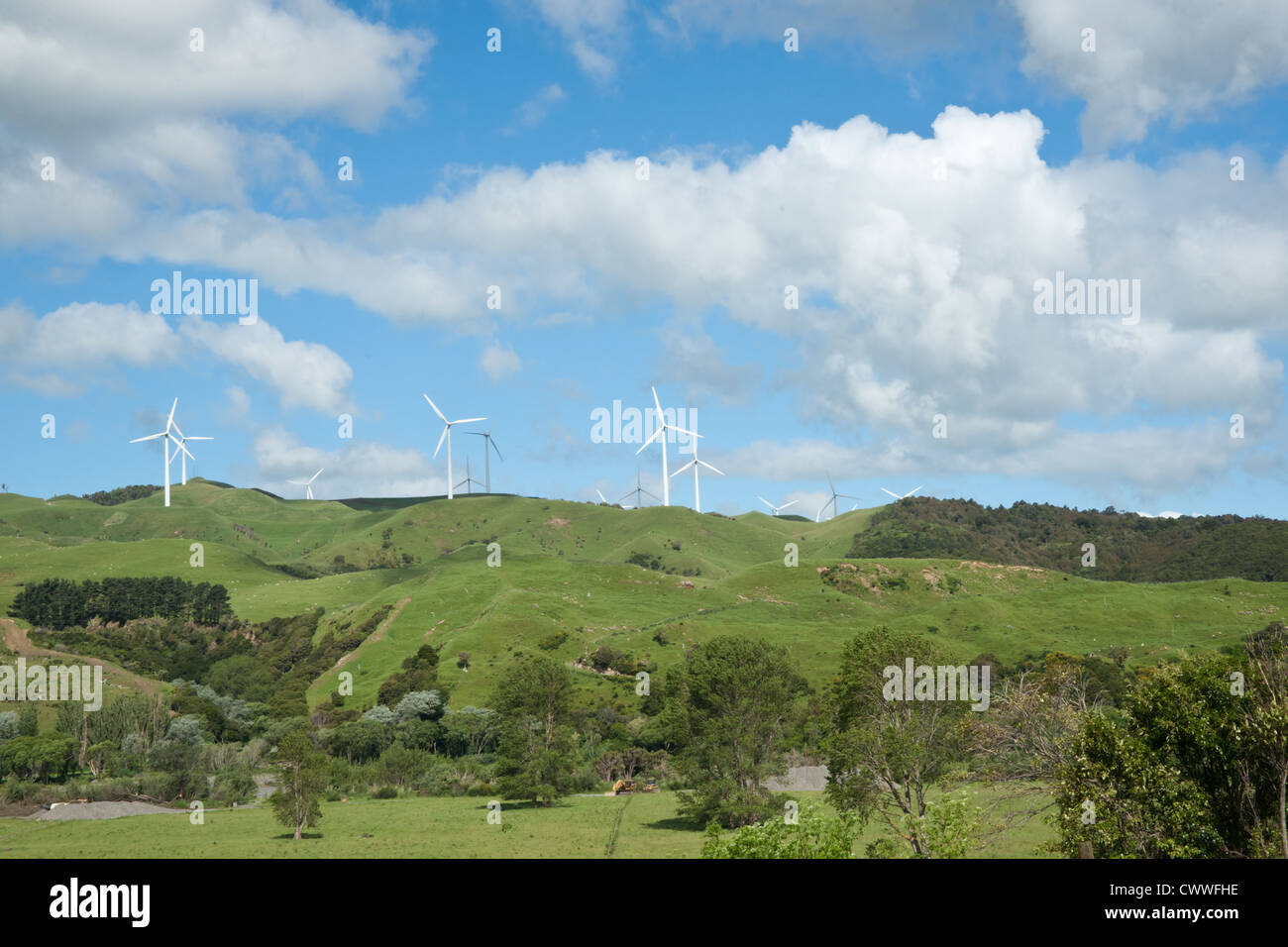 Wind turbines installed on rolling farm landscape in the Manawatu ...