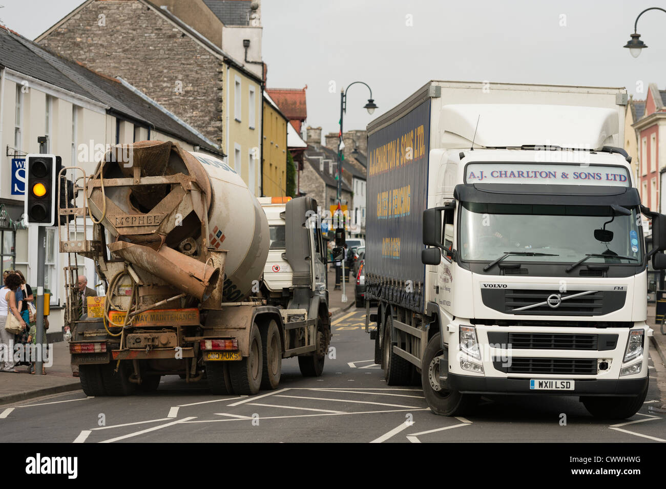Heavy lorries in the high street in Cowbridge, Vale of Glamorgan, south ...