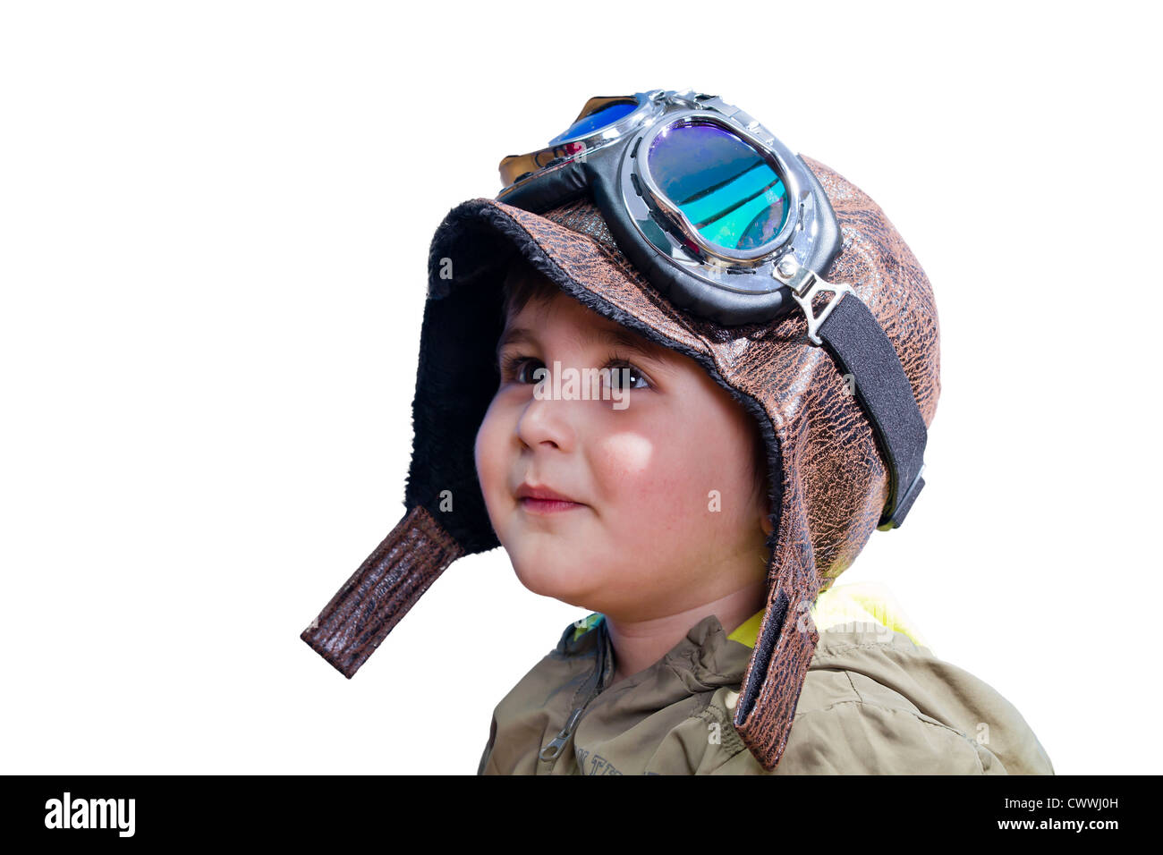 Baby boy dreaming of becoming a pilot with an old style uniform and ...