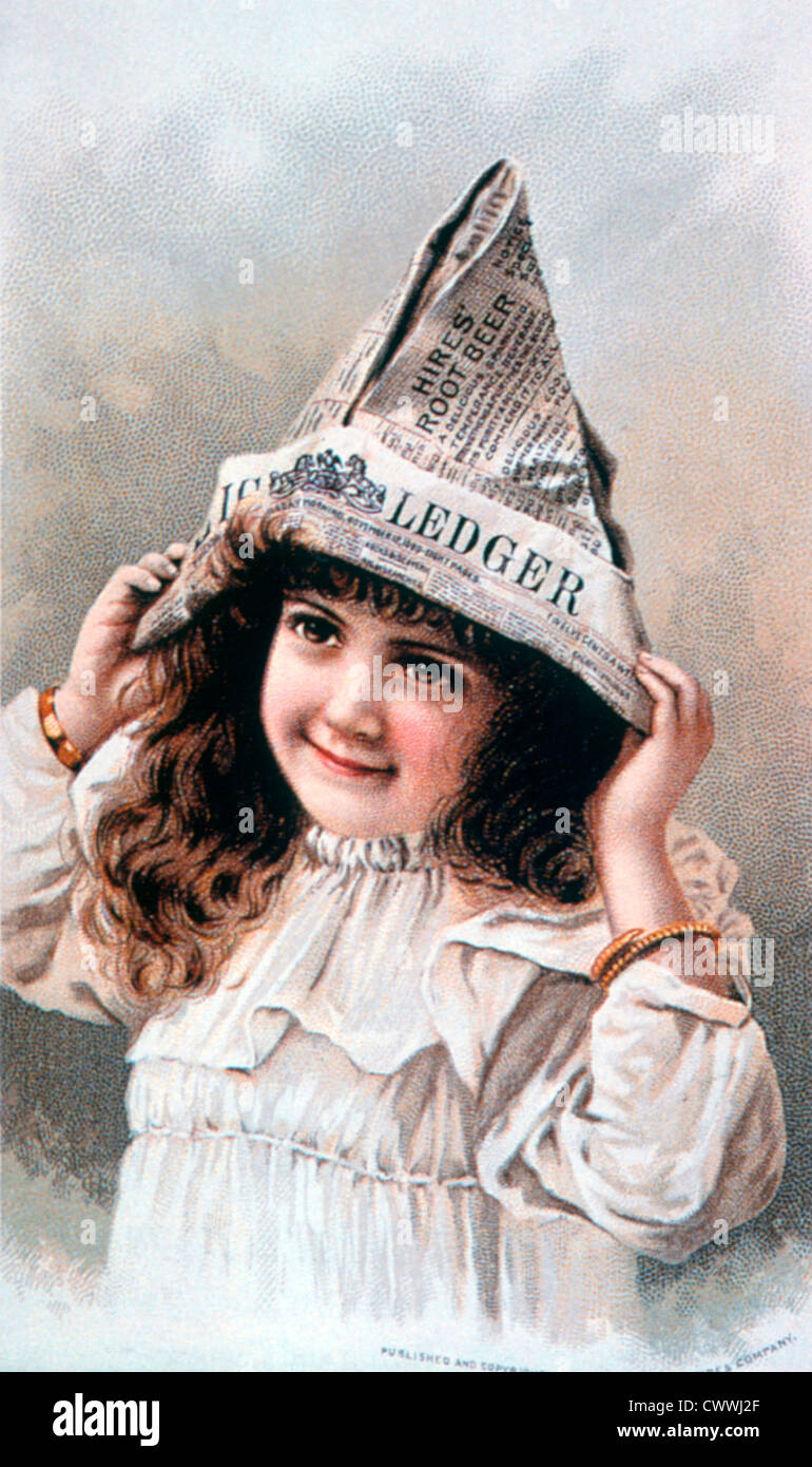 Girl Wearing a Newspaper Hat, Hire's Root Beer, Trade Card, Circa 1890 ...