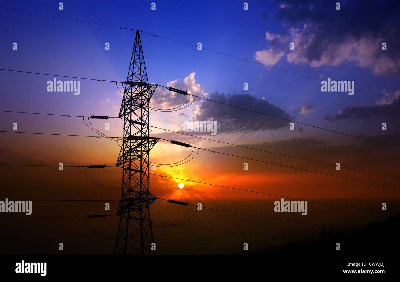 Dramatic clouds sky and electric tower backlight silhouette Stock Photo ...