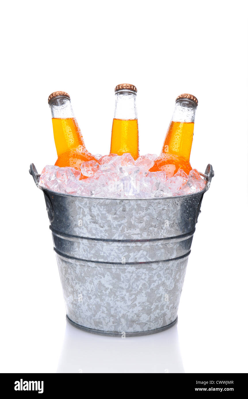 Orange Soda Bottles in a Bucket Filled with ice. Vertical Format over a ...