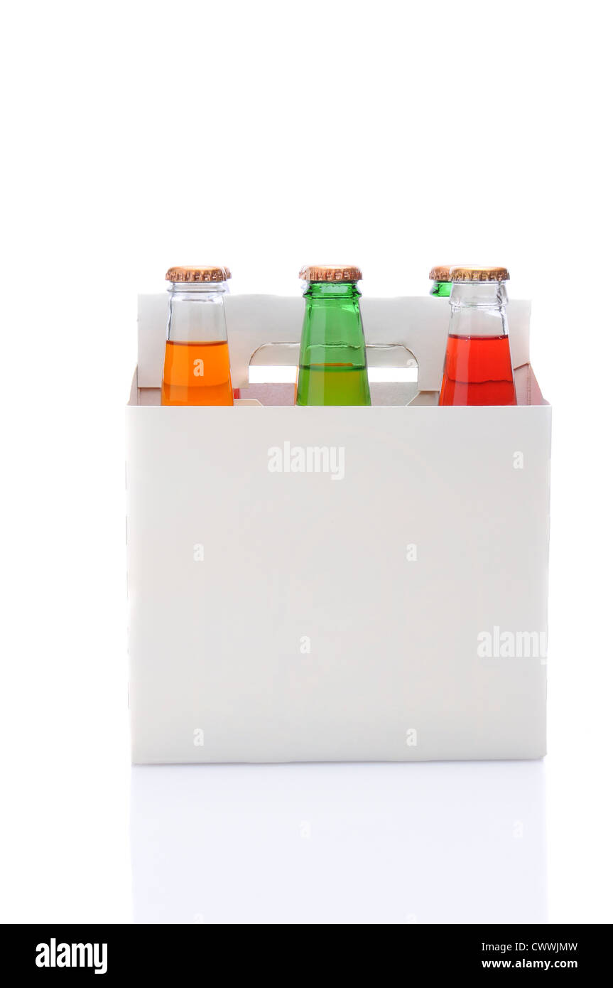 Side view of a six pack of assorted soda bottles over a white ...