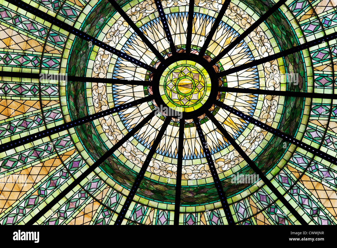 interior view segment of glorious Tiffany glass dome over rotunda of ...