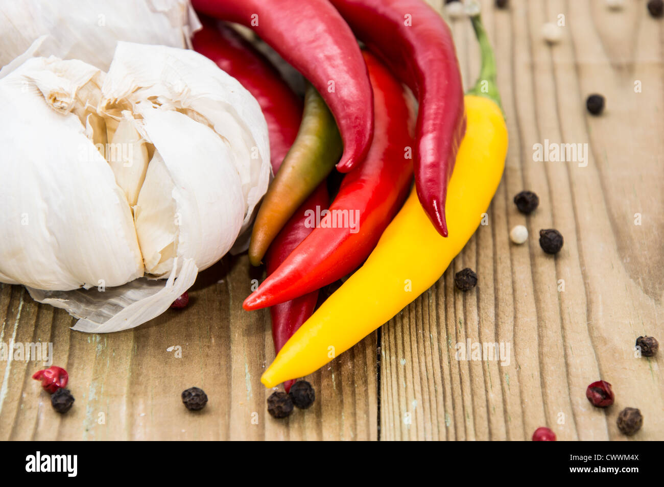 Heap of Chilis with Garlic on wooden background Stock Photo - Alamy