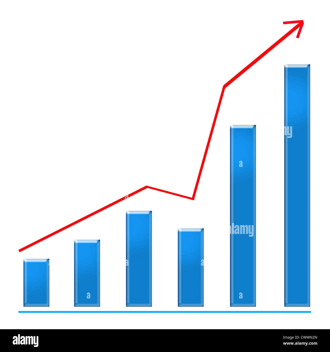 Growing blue bar chart and red rising arrow Stock Photo - Alamy