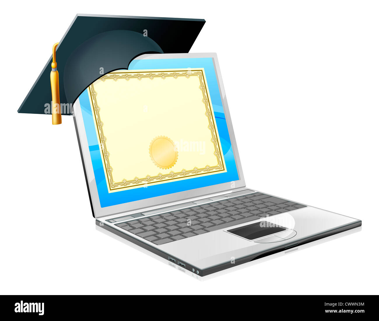 Illustration of a laptop computer with a mortar board cap and diploma ...