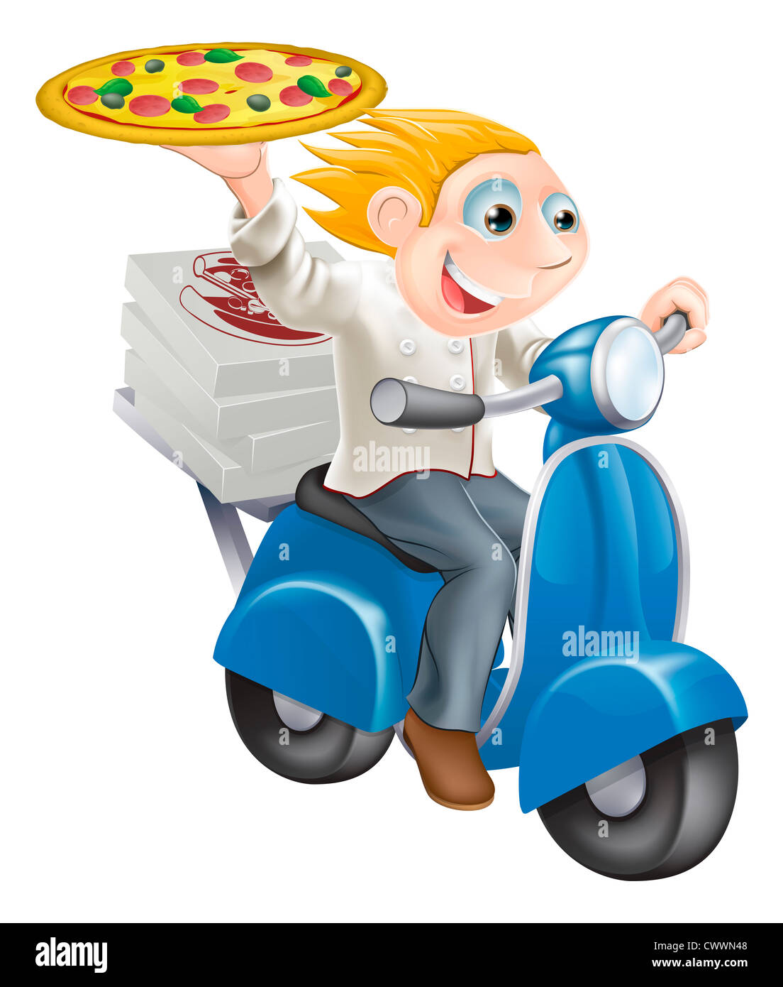 Graphic of a fast food pizza chef speeding along in his chef whites ...