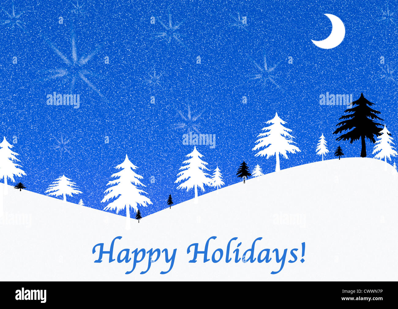 Blue, black and white christmas illustration with trees, stars, moon ...