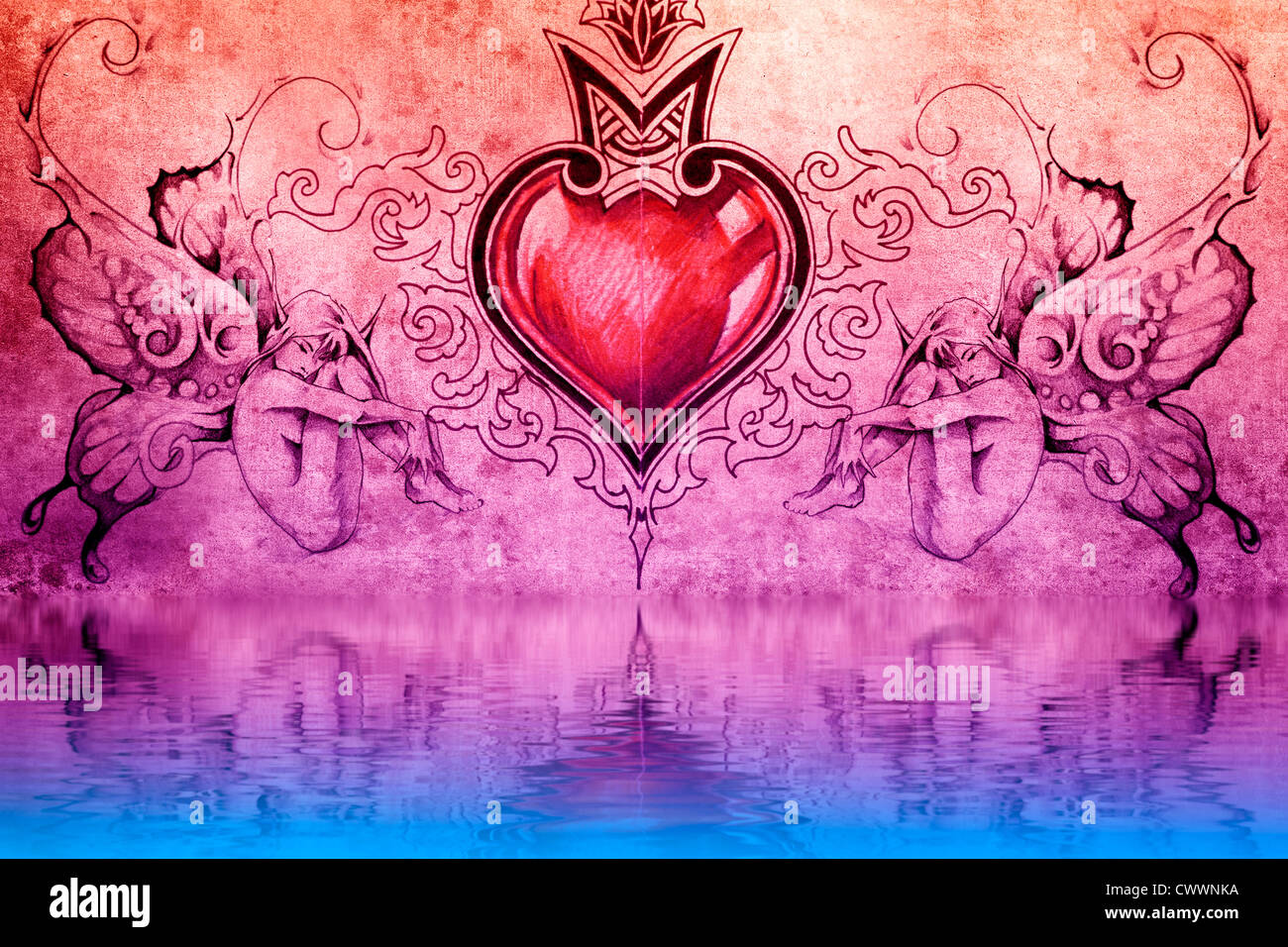 Tattoo art design, heart with two nymphs on each side with water ...