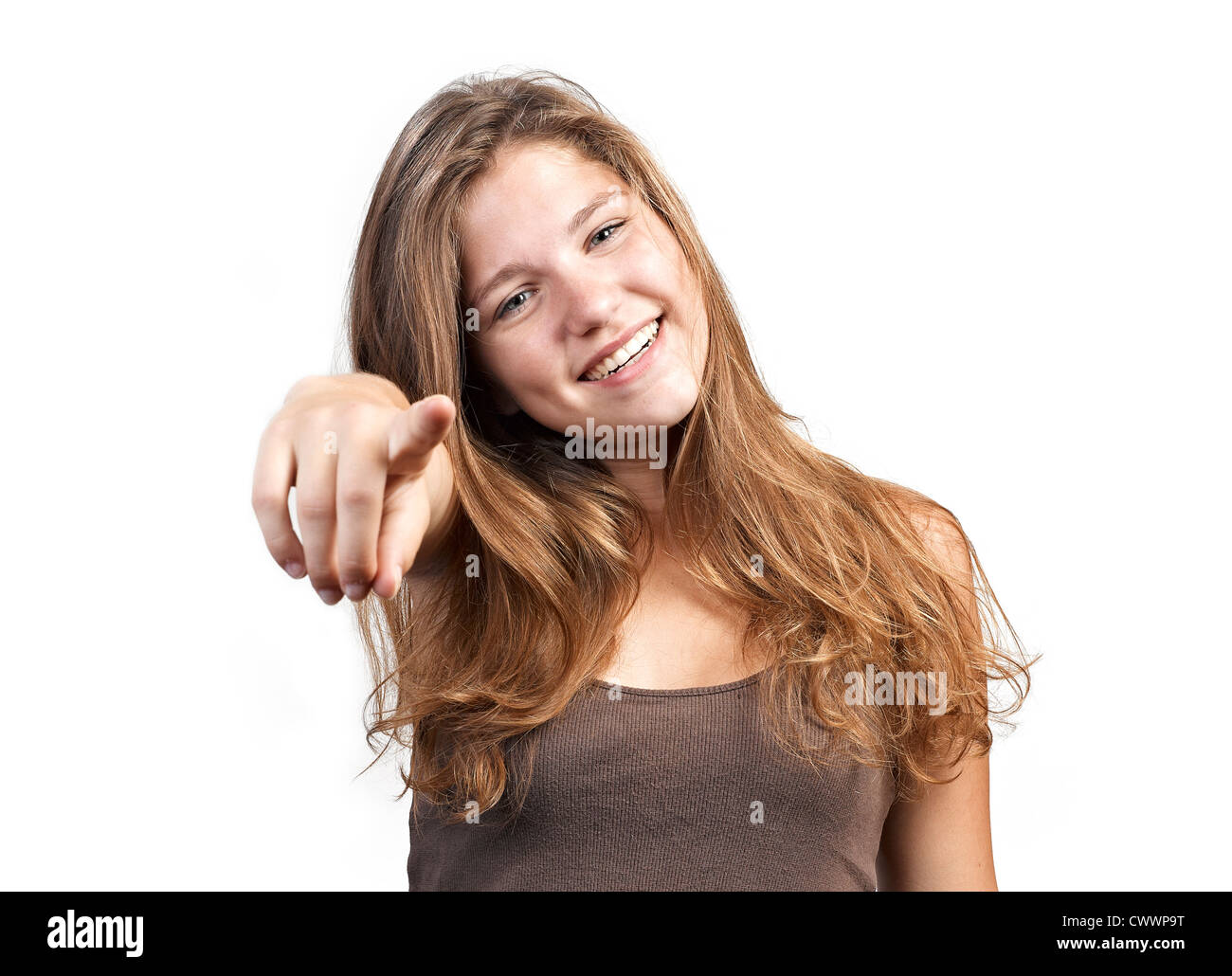 Happy woman with hand pointing at you - isolated over a white ...