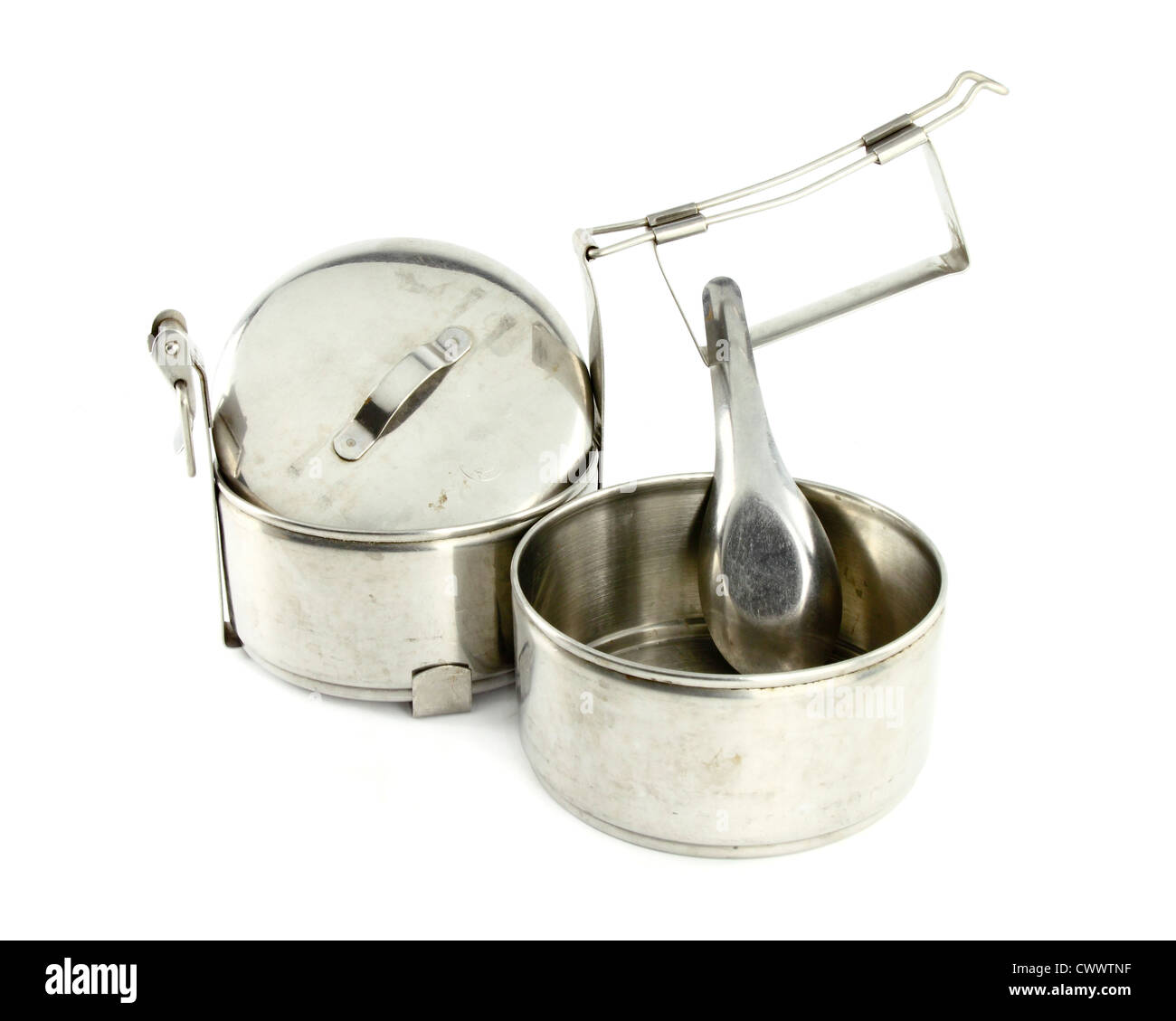 Silver Metal Tiffin separate and spoon, Food Container On White ...