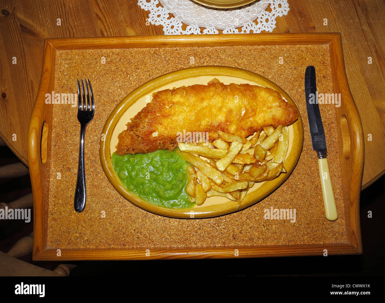 Fish and chip supper on a tray Stock Photo - Alamy